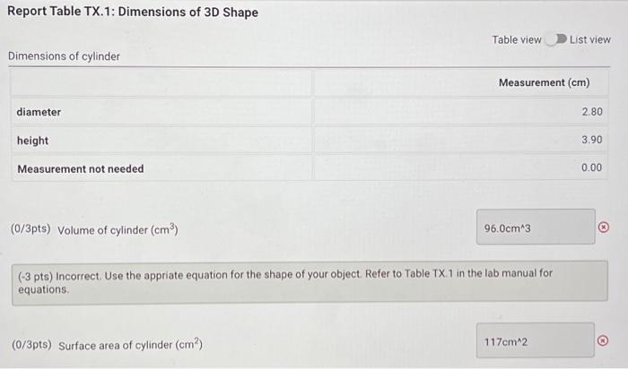 Solved Report Table TX.1: Dimensions of 3D Shape Table view | Chegg.com