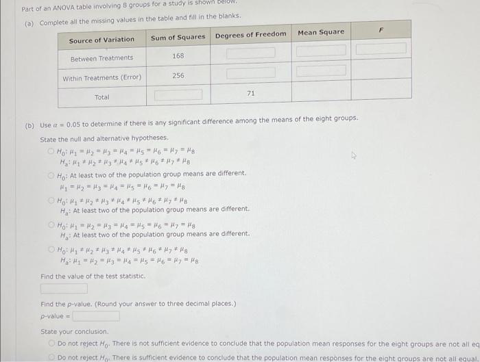 Solved Part of an ANOVA table involving 8 groups for a study | Chegg.com