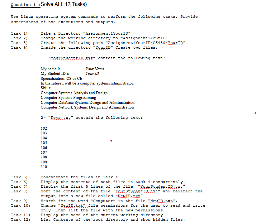 Solved Question 1 (Solve ALL 12| ﻿Tasks)Use Linux operating | Chegg.com