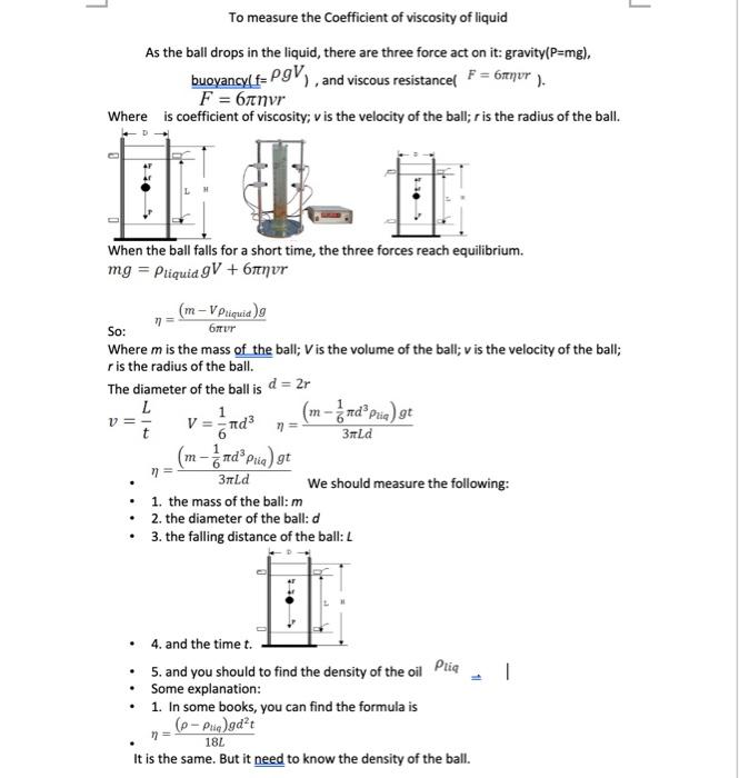 Solved j To measure the Coefficient of viscosity of liquid | Chegg.com
