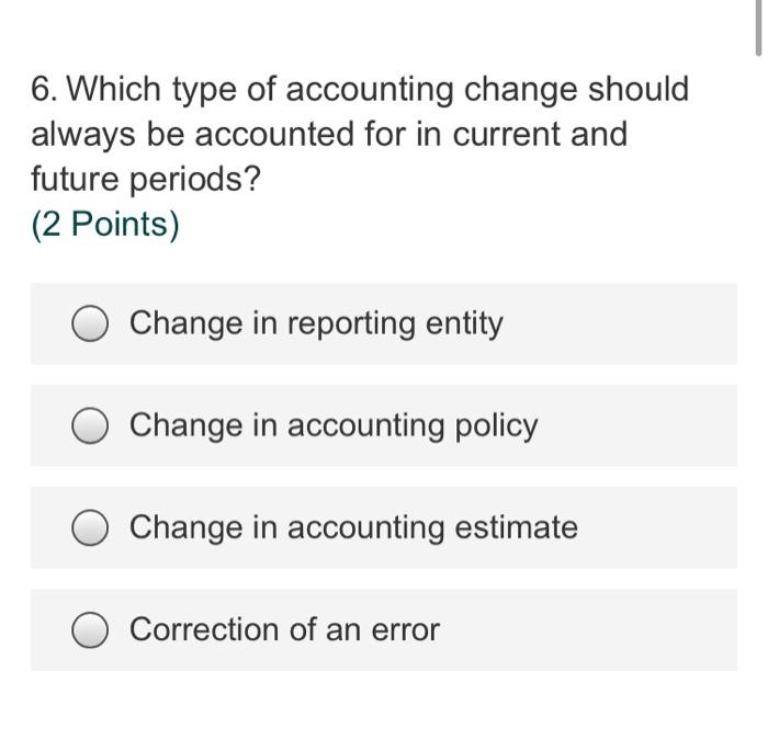 Solved 6. Which type of accounting change should always be | Chegg.com