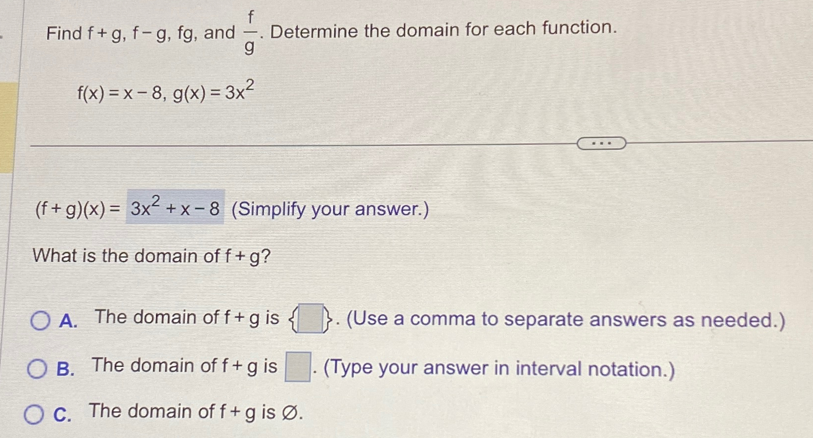 Find F G F G Fg ﻿and Fg ﻿determine The Domain For