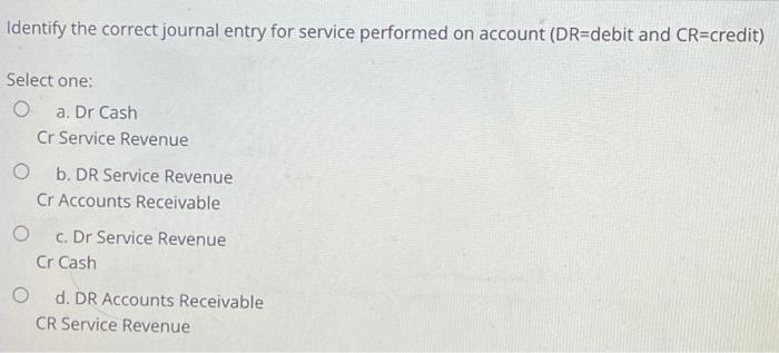 Solved Identify the correct journal entry for service | Chegg.com