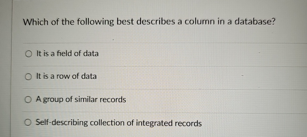 Solved Which of the following best describes a column in a | Chegg.com