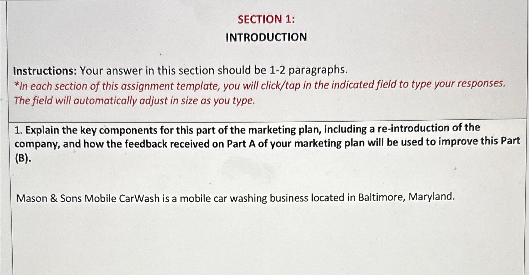 Solved SECTION 1:INTRODUCTIONInstructions: Your answer in | Chegg.com