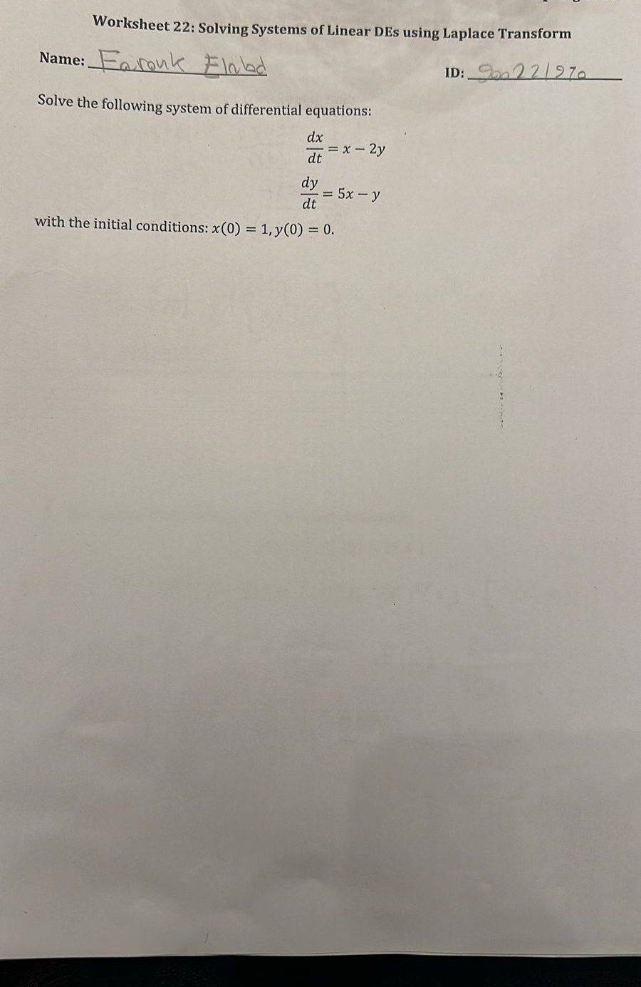 Solved Worksheet 22: Solving Systems of Linear DEs using | Chegg.com