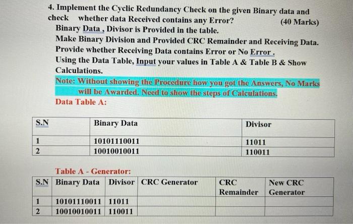 Solved 4. Implement the Cyclic Redundancy Check on the given | Chegg.com