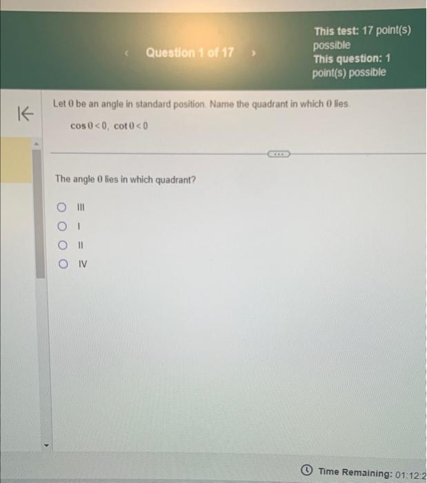 Solved Let θ be an angle in standard position. Name the | Chegg.com