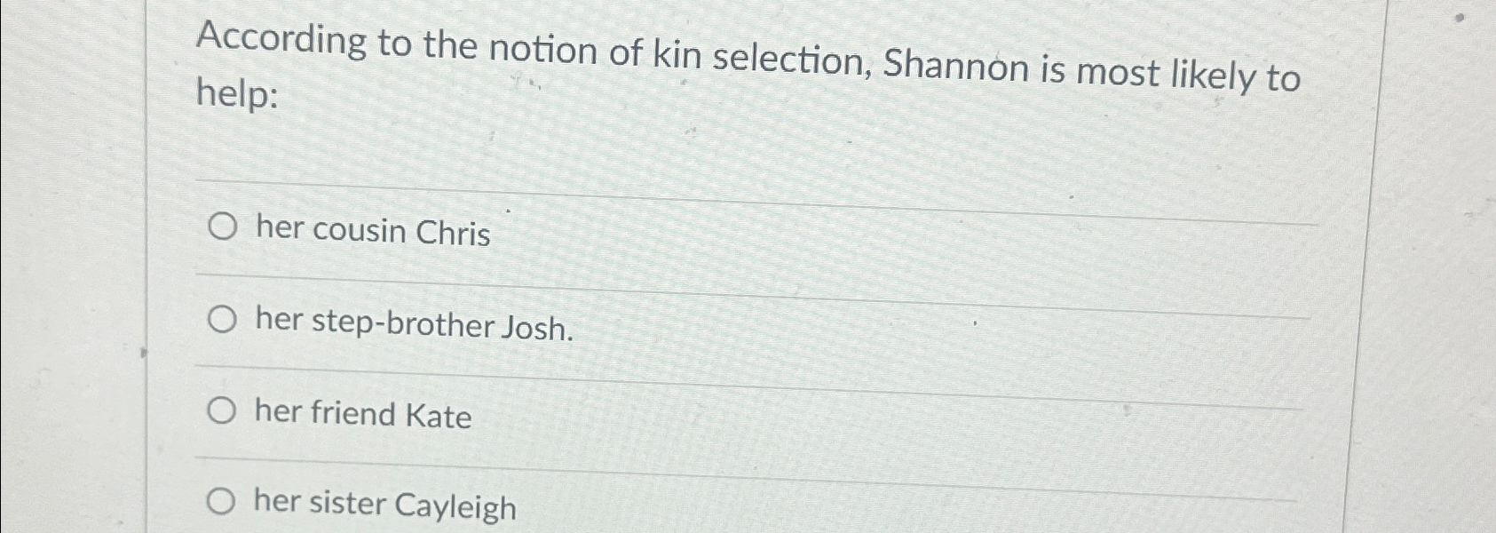 Solved According to the notion of kin selection, Shannon is | Chegg.com