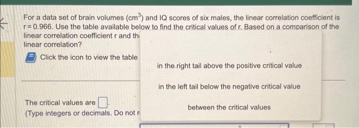 For a data set of brain volumes (cm3) and IQ scores | Chegg.com