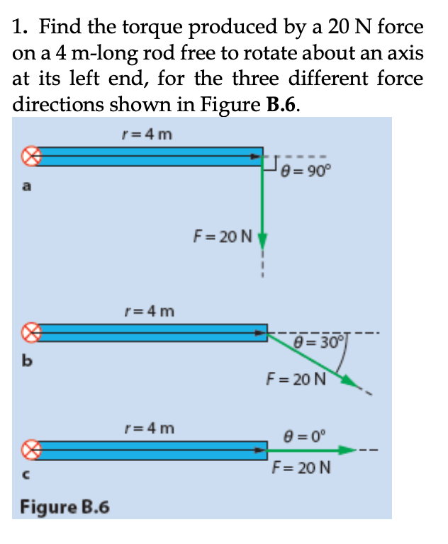 Solved Find the torque produced by a 20N ﻿forceon a 4m-long | Chegg.com