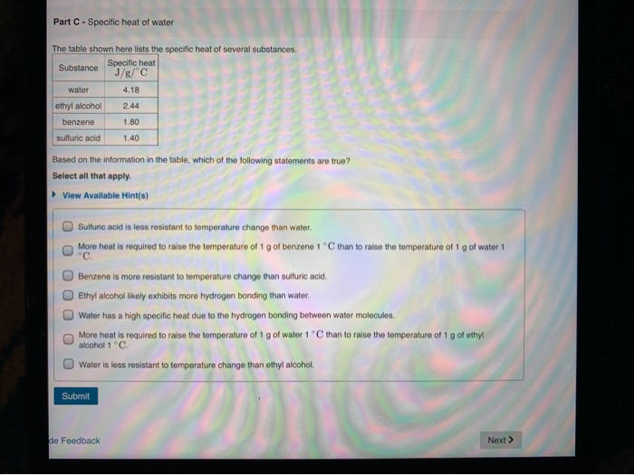 Solved Part C - Specific heat of water The table shown here | Chegg.com