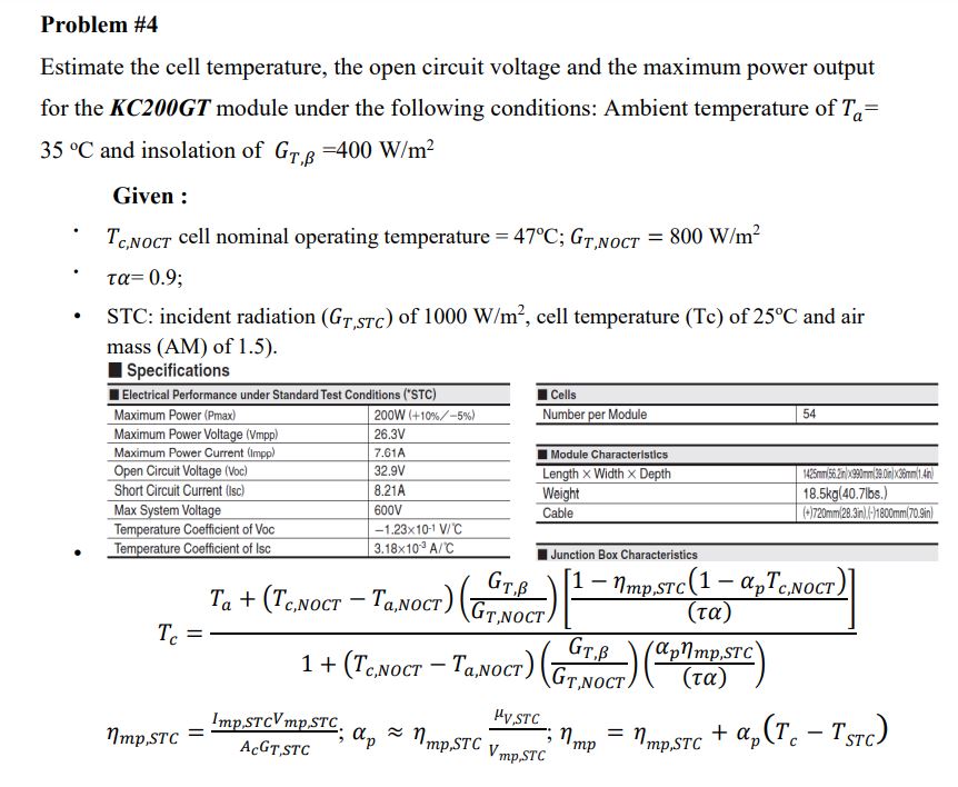 Solved Tc=Ta+(Tc,NOCT-Ta,NOCT)(GT,βGT,NOCT)[1-ηmp,STC(1-αpTc | Chegg.com