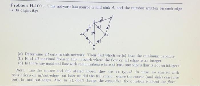 Solved Problem H-1001. This network has source a and sink d, | Chegg.com