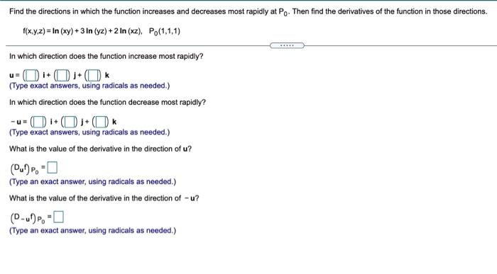 Solved Find the directions in which the function increases | Chegg.com
