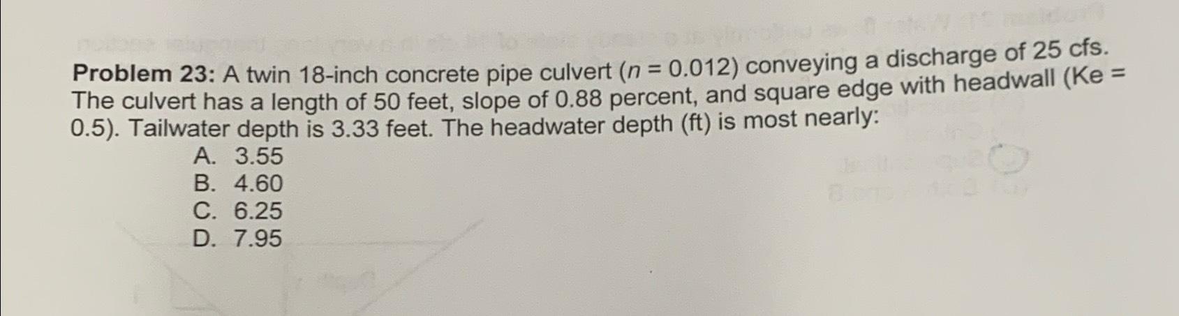 Solved Problem 23: A twin 18-inch concrete pipe culvert | Chegg.com