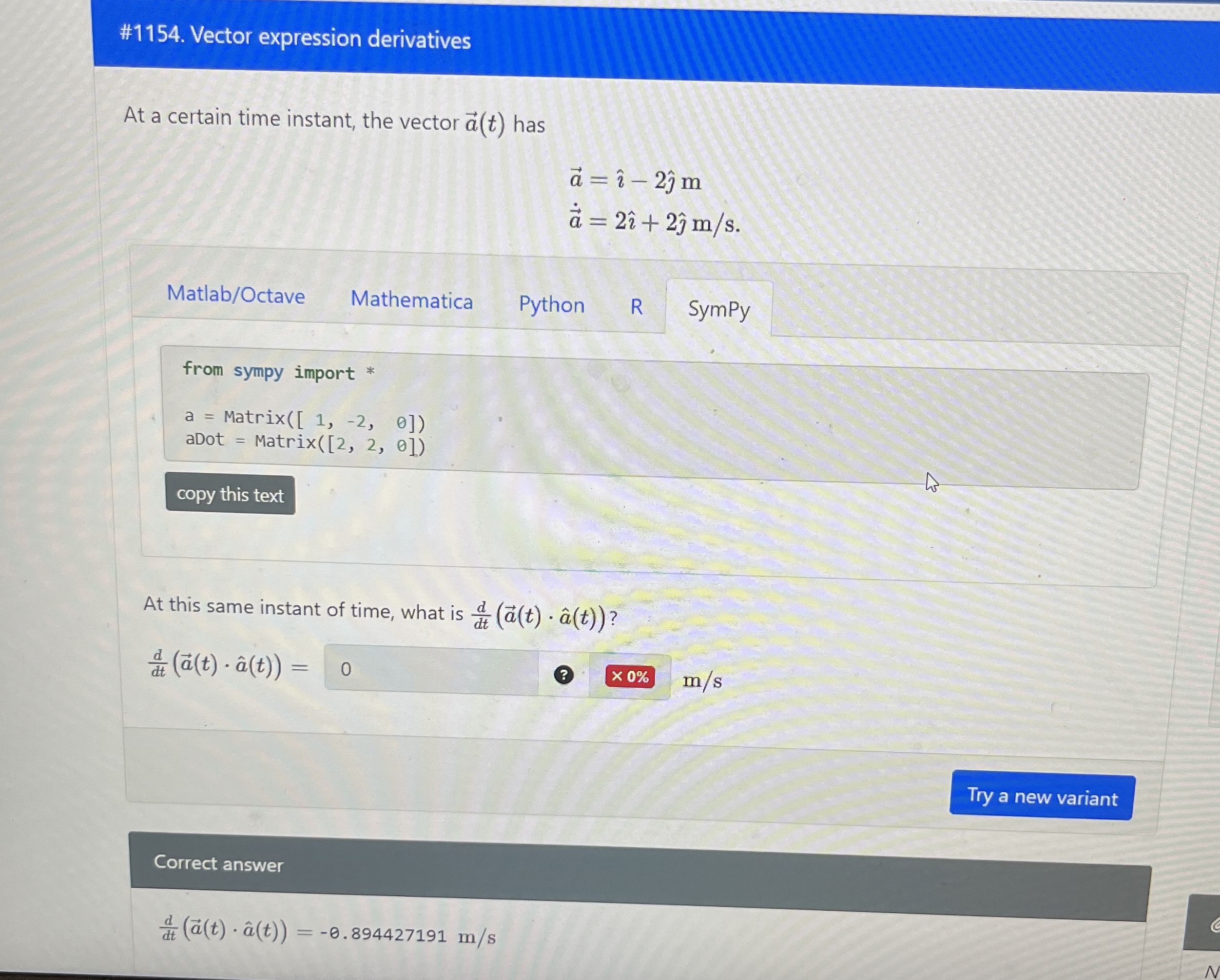 Solved #1154. ﻿Vector expression derivativesAt a certain | Chegg.com