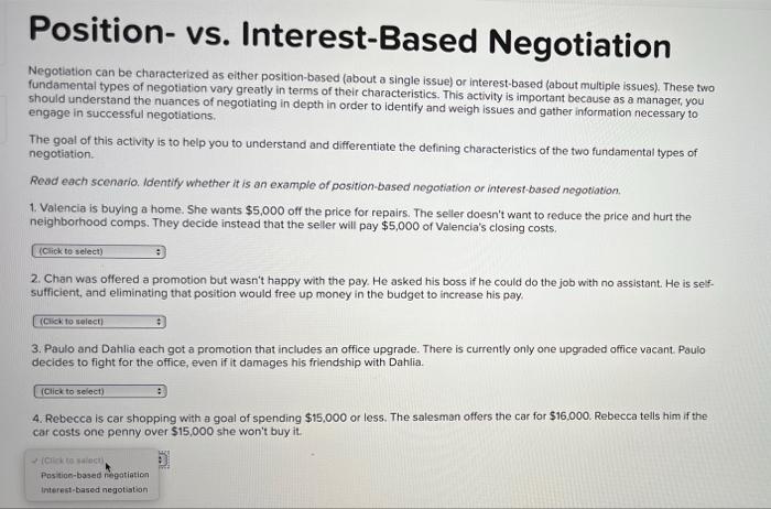 Solved Position- vs. Interest-Based Negotiation Negotiation | Chegg.com