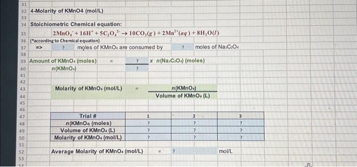 4-Molarity of KMnO4 (mol/L) Stoichiometric Chemical | Chegg.com