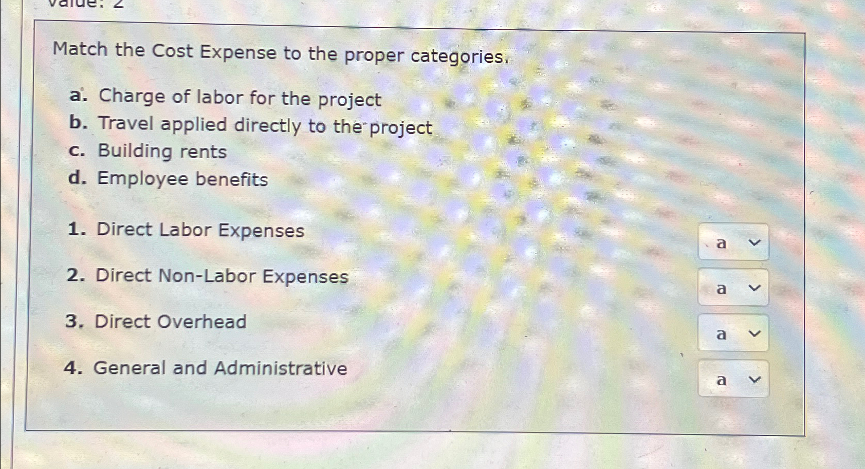 Solved Match the Cost Expense to the proper categories.a. | Chegg.com