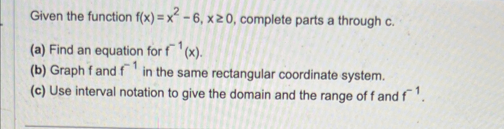 Solved Given the function f(x)=x2-6,x≥0, ﻿complete parts a | Chegg.com
