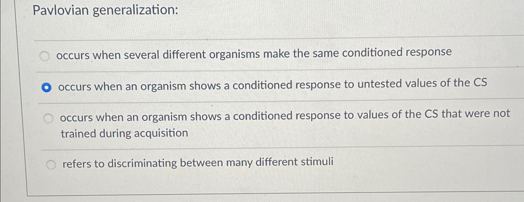 Solved Pavlovian generalization:occurs when several | Chegg.com