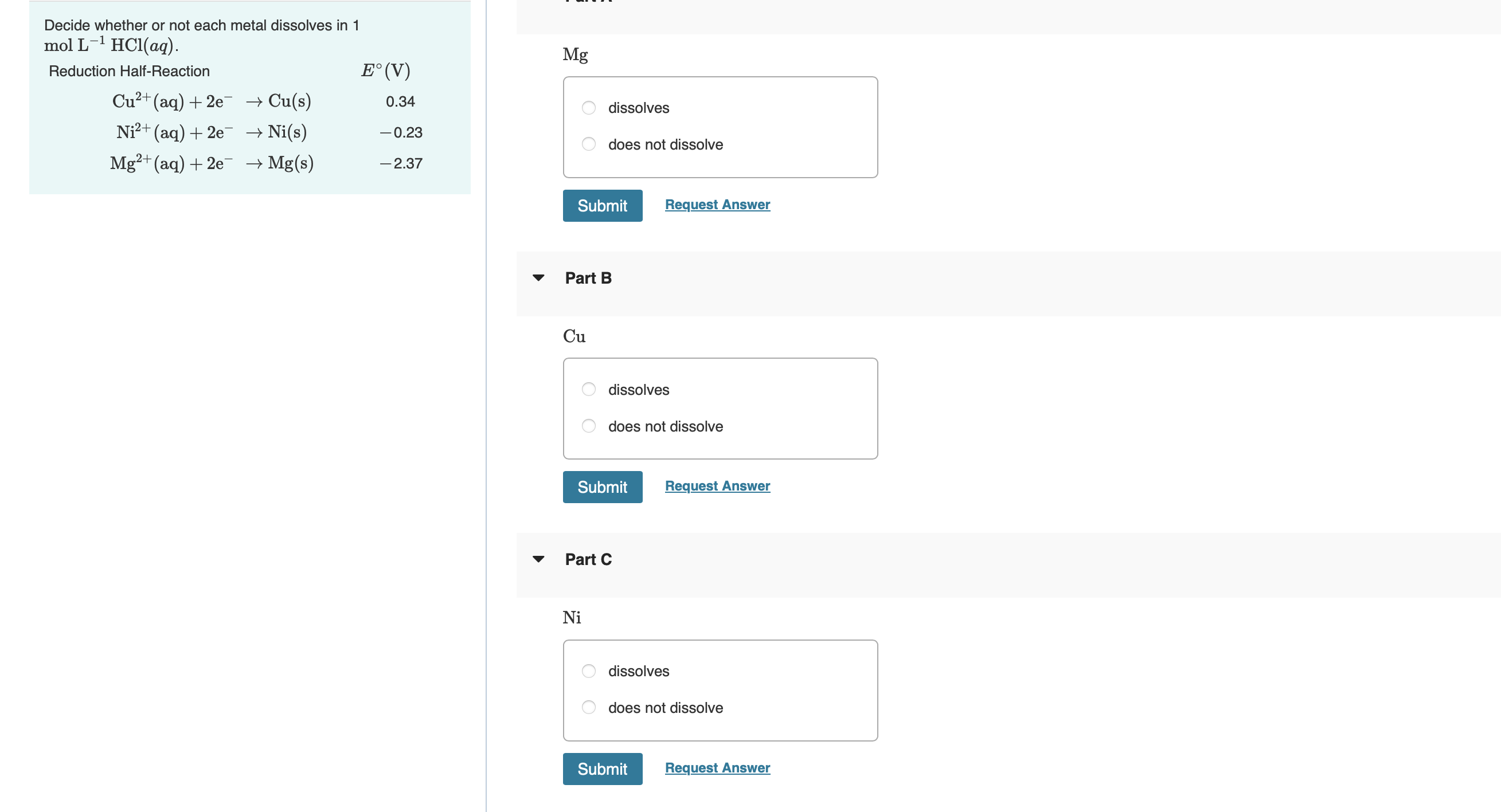 Solved Decide whether or not each metal dissolves in | Chegg.com
