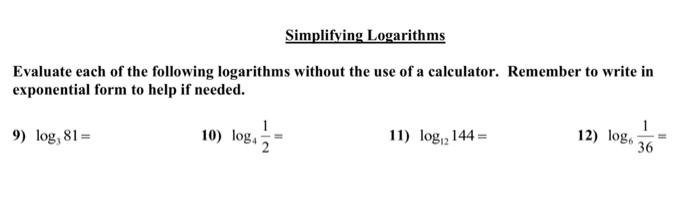 Solved Simplifying Logarithms Evaluate each of the following | Chegg.com