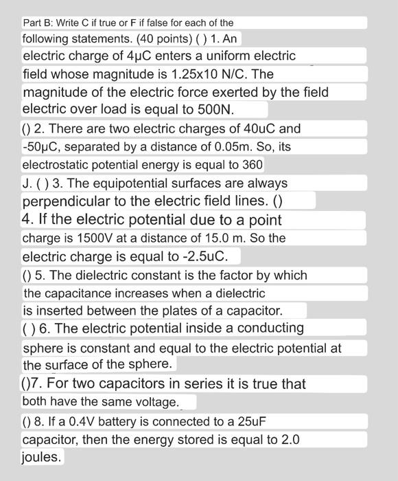 Solved Part B: Write C if true or F if false for each of the | Chegg.com