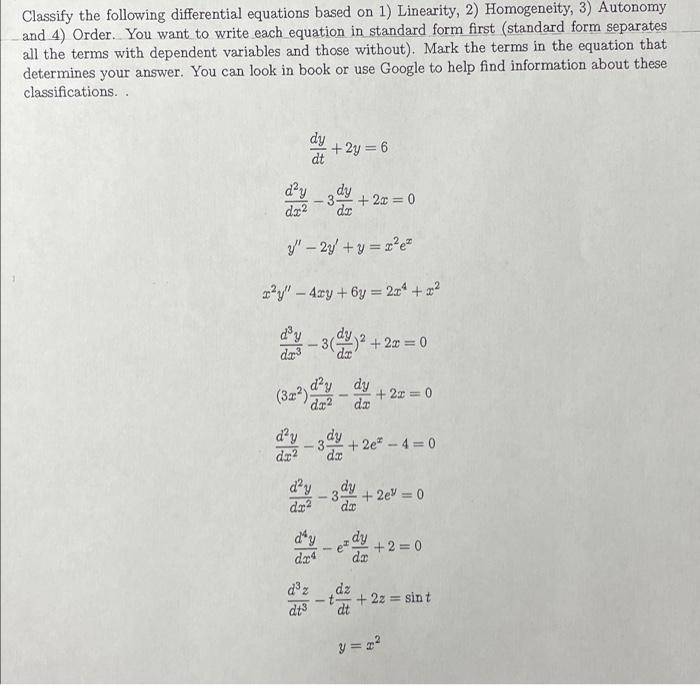 Solved Classify The Following Differential Equations Based