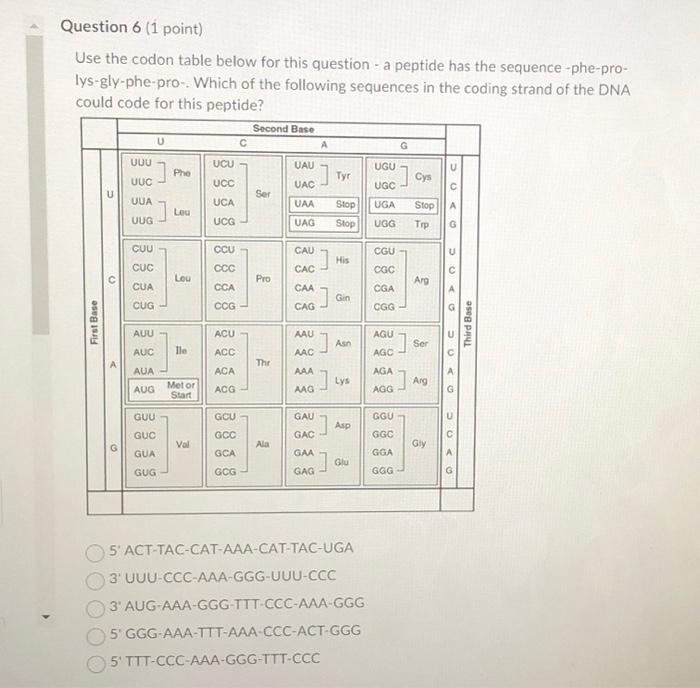 Solved Question 6 (1 point) Use the codon table below for | Chegg.com
