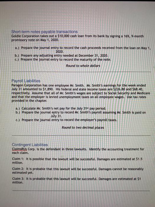 Solved Short-term notes payable transactions Goldie | Chegg.com