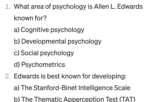 Solved What area of psychology is Allen L. ﻿Edwards known | Chegg.com