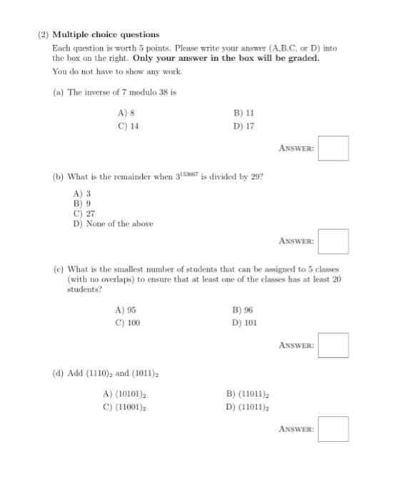 Solved (2) Multiple choice questions Each question is worth | Chegg.com