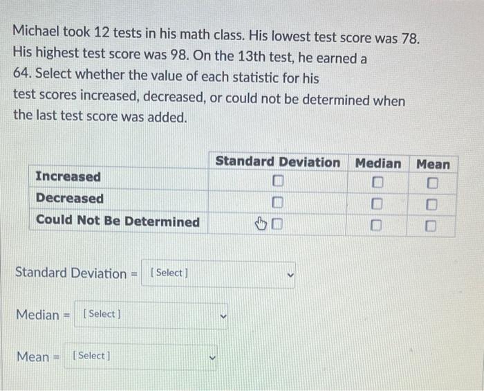 Solved Michael took 12 tests in his math class. His lowest | Chegg.com