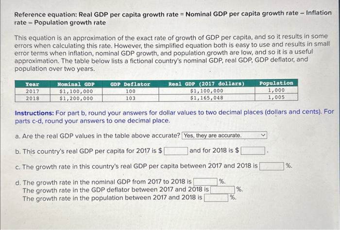Solved Reference equation: Real GDP per capita growth rate = | Chegg.com