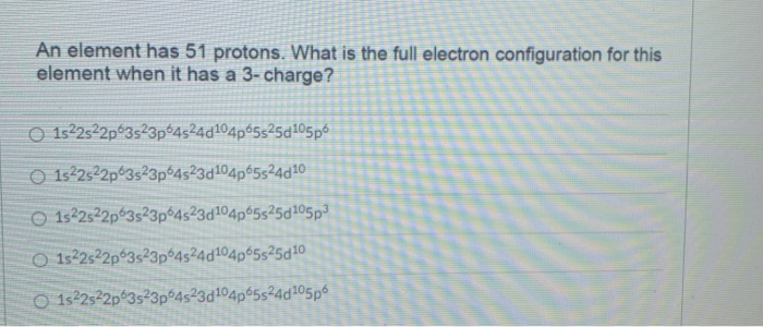 Solved An element has 51 protons. What is the full electron | Chegg.com