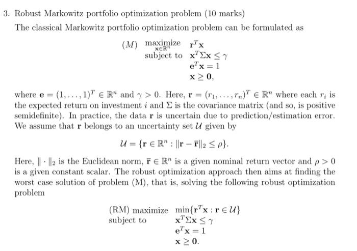 3. Robust Markowitz portfolio optimization problem | Chegg.com