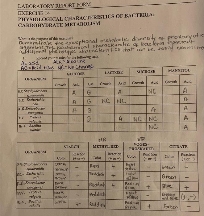 LABORATORY REPORT FORM EXERCISE 14 PHYSIOLOGICAL | Chegg.com