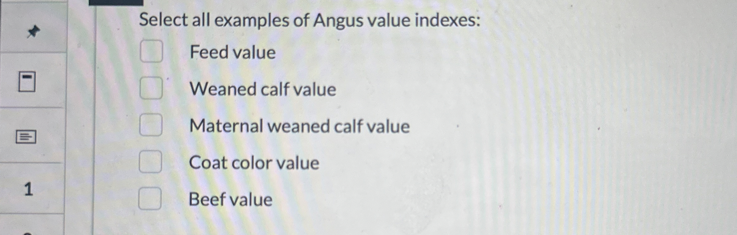 Solved Select all examples of Angus value indexes:Feed | Chegg.com