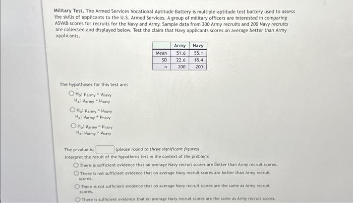 Solved Military Test. The Armed Services Vocational Aptitude | Chegg.com