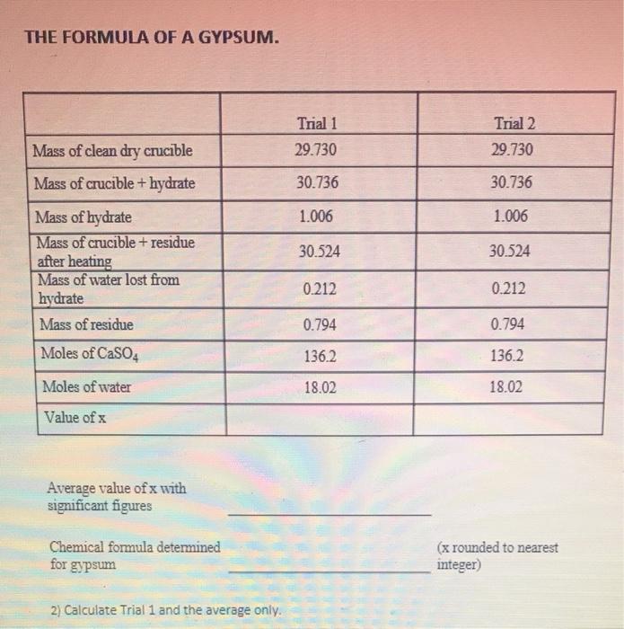 Solved THE FORMULA OF A GYPSUM. Trial 1 29.730 Trial 2 | Chegg.com