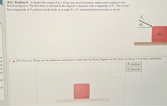 Solved (8%) Problem 9: A block with a mass of m=22 kg rests | Chegg.com