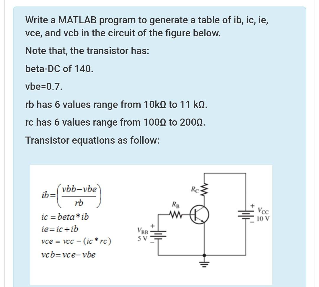 Solved Write a MATLAB program to generate a table of ib, ic, | Chegg.com