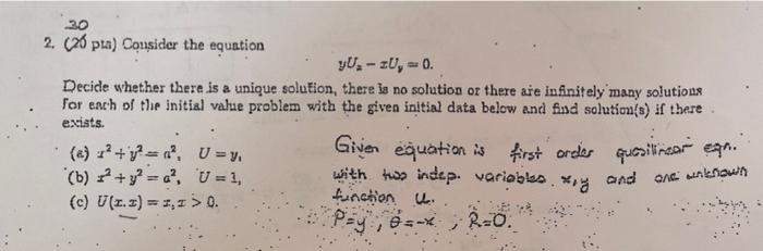 Solved 30 2. (20 pta) Consider the equation yU. -U, -0. | Chegg.com