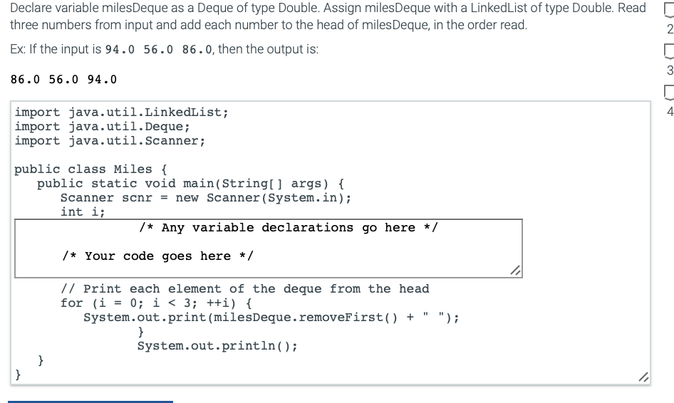 Solved Declare variable milesDeque as a Deque of type | Chegg.com