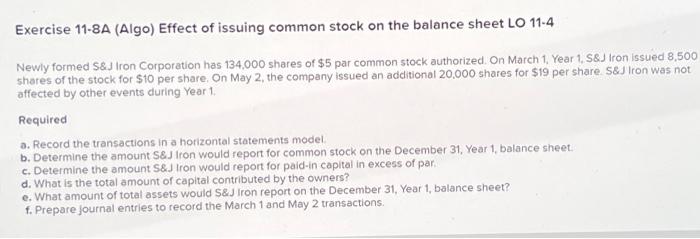 Solved Exercise 11-8A (Algo) Effect of issuing common stock | Chegg.com