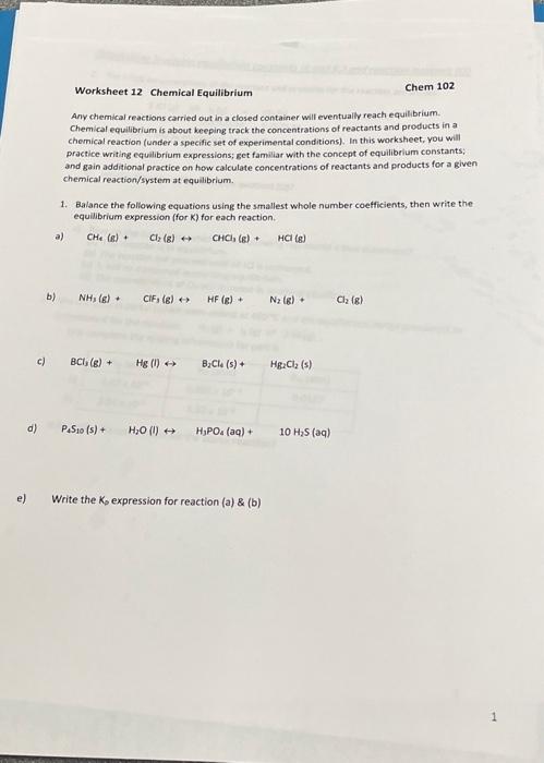 Solved Worksheet 12 Chemical Equilibrium Any chemical | Chegg.com