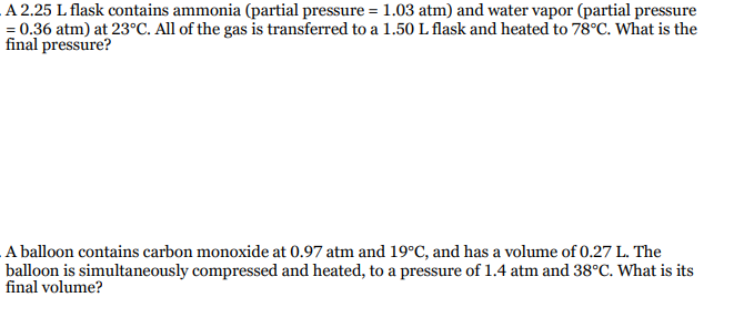 A 2.25 ﻿L flask contains ammonia (partial pressure | Chegg.com