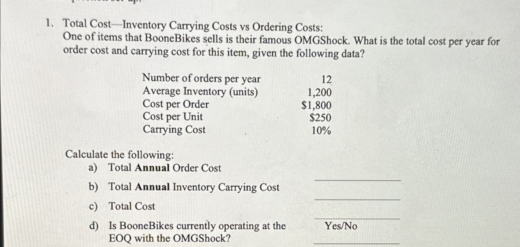 Solved Total Cost-Inventory Carrying Costs vs Ordering | Chegg.com
